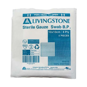 Livingstone Gauze Swabs, 10 x 10 cm x 8 ply, 100 Percent Cotton, Steri ...