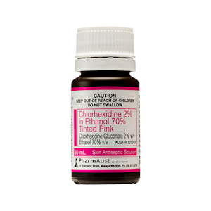 Pharmaust Chlorhexidine Alcohol 2pct in Ethanol 70pct, 30ml, Tinted Pi ...